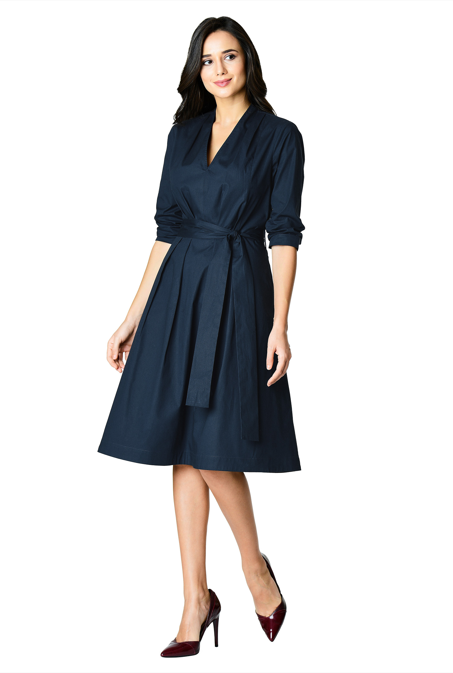 Shop Pleated cotton poplin sash tie dress | eShakti