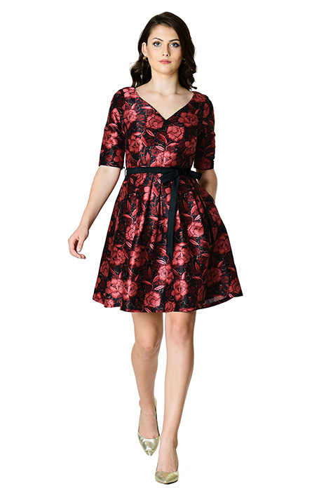 Shop Floral print dupioni sash tie dress | eShakti