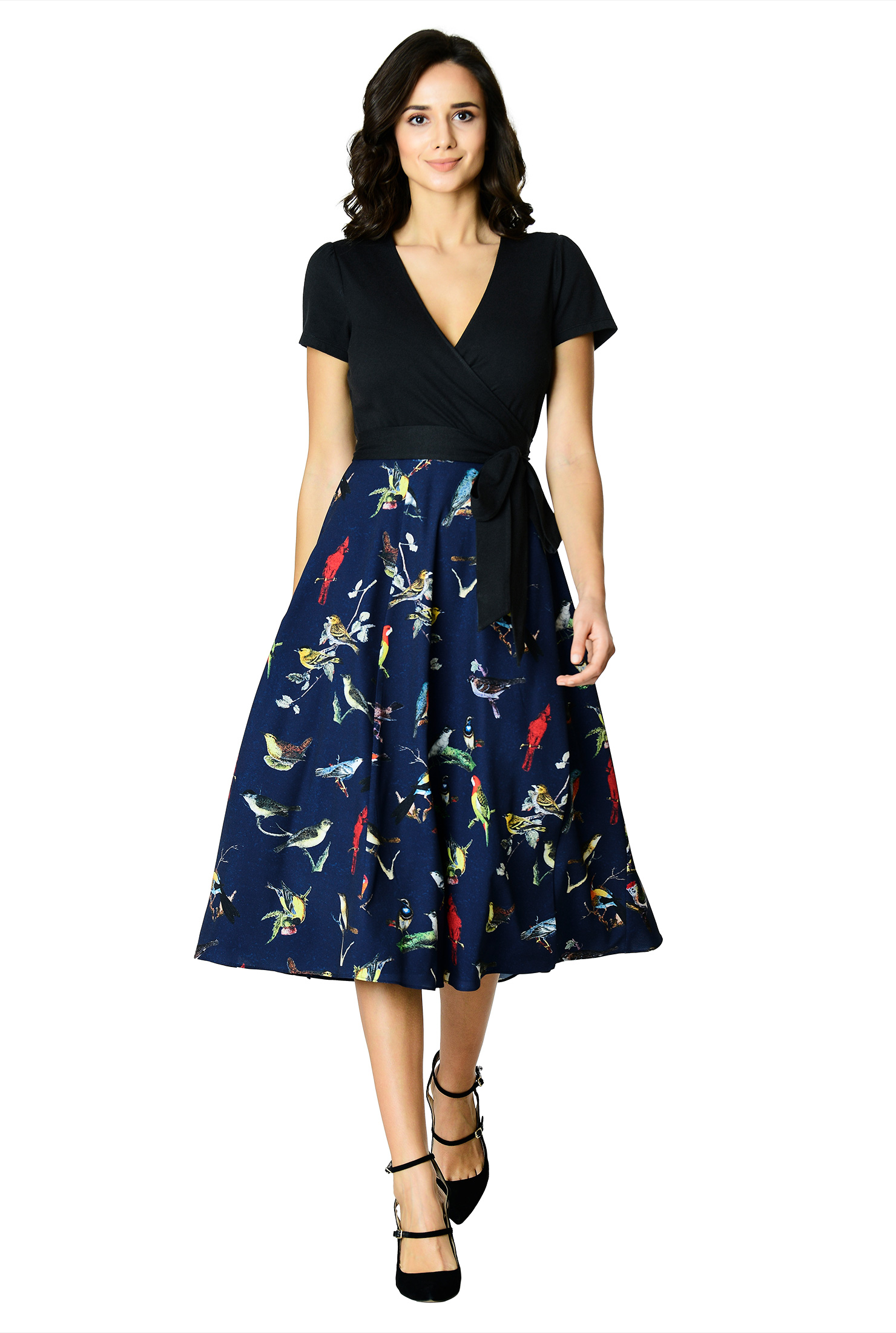 Shop Bird print crepe and cotton knit wrap dress | eShakti