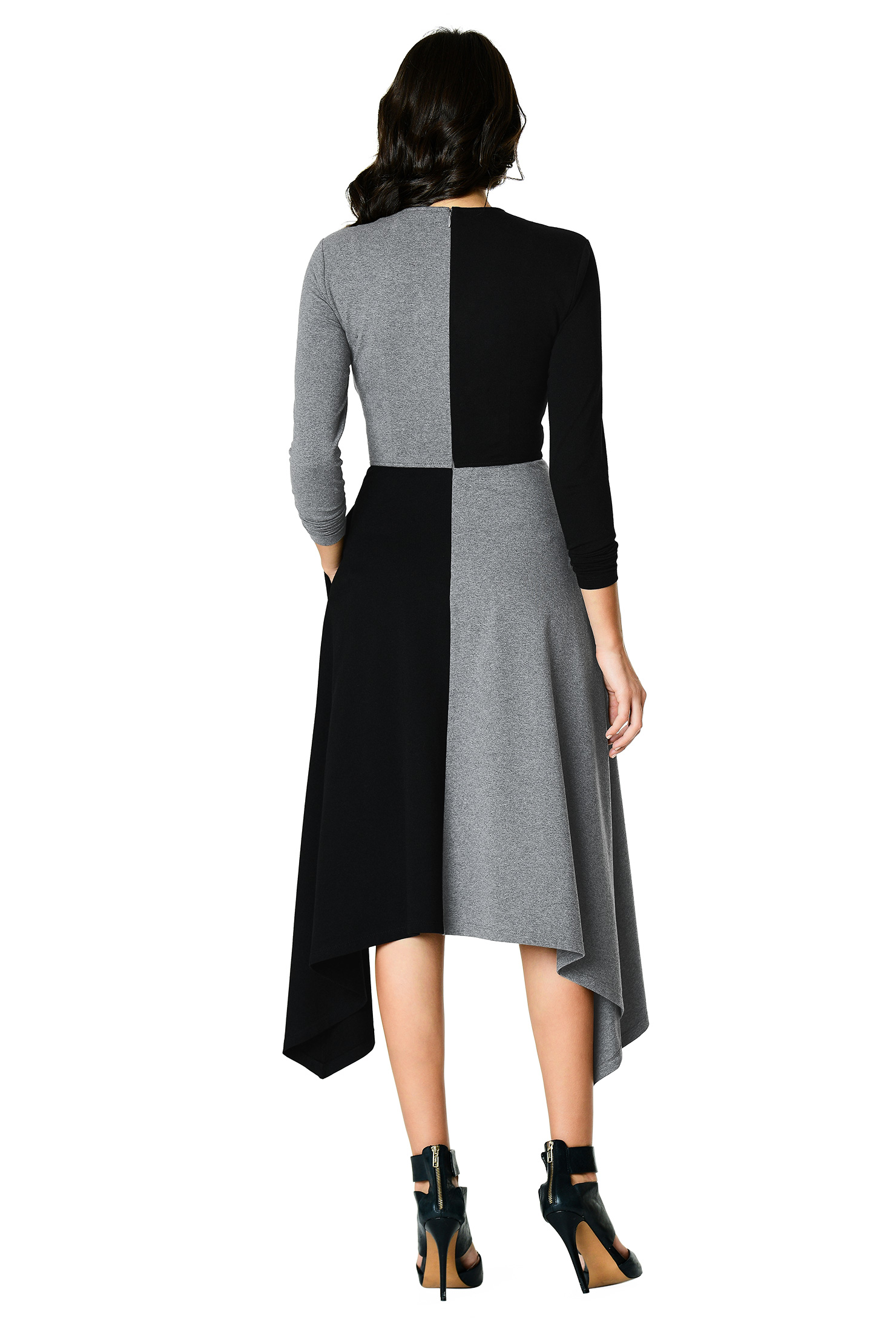 Shop Colorblock cotton knit asymmetric hem dress | eShakti