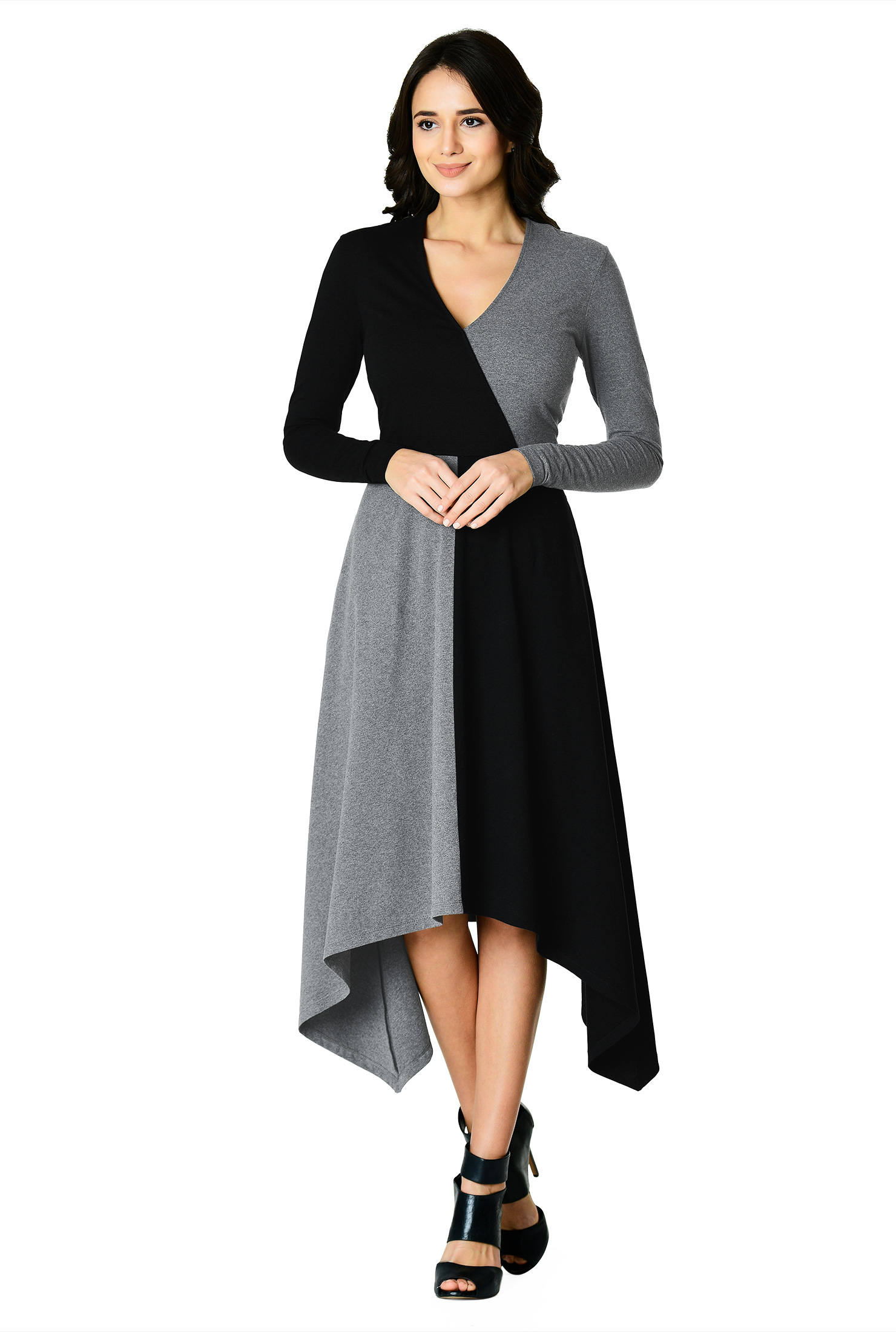 Shop Colorblock cotton knit asymmetric hem dress | eShakti