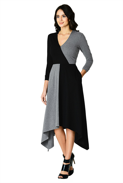 Shop Colorblock cotton knit asymmetric hem dress | eShakti