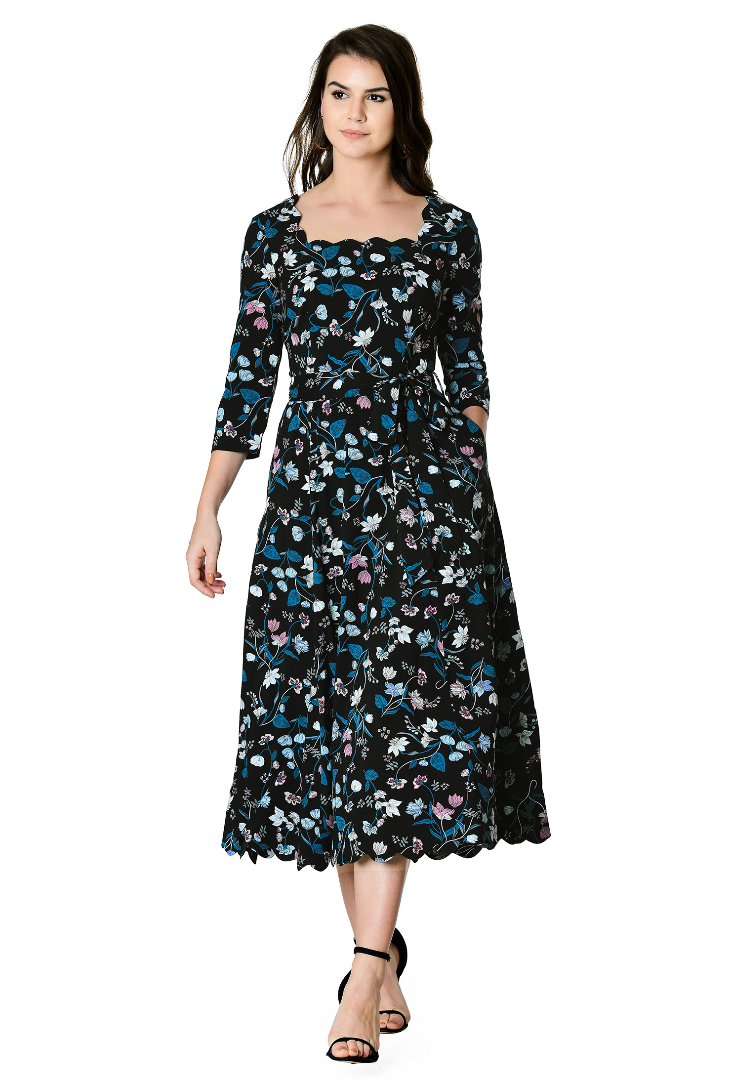 Shop Scallop square neck floral print dress | eShakti