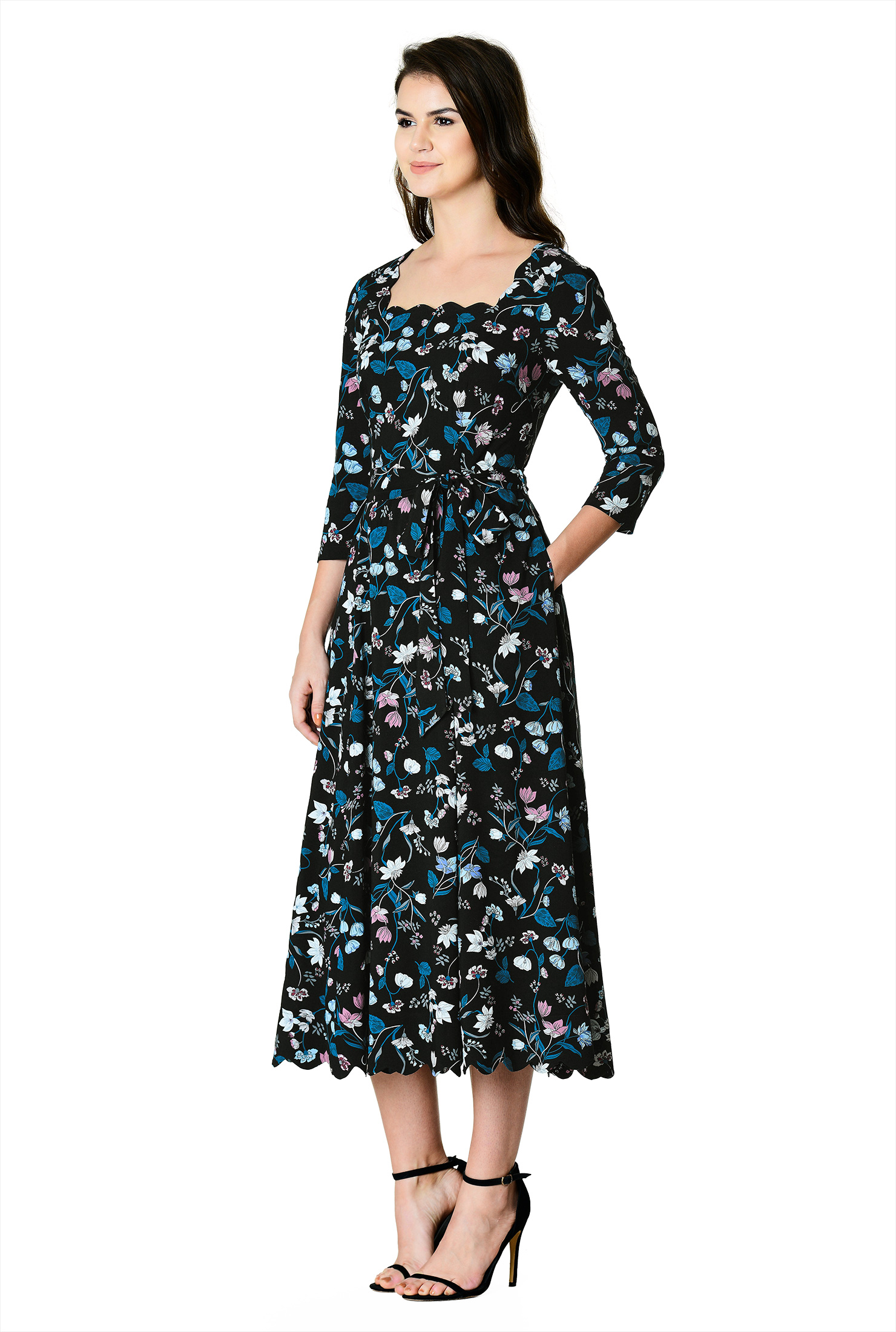 Shop Scallop square neck floral print dress | eShakti