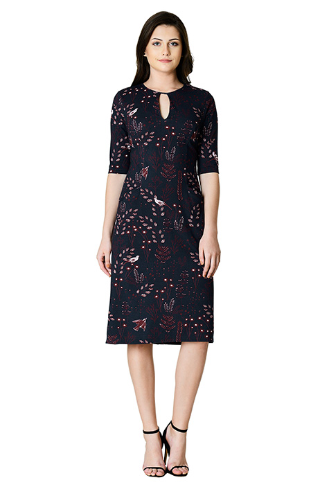 Shop Keyhole front floral bird print cotton knit sheath dress | eShakti