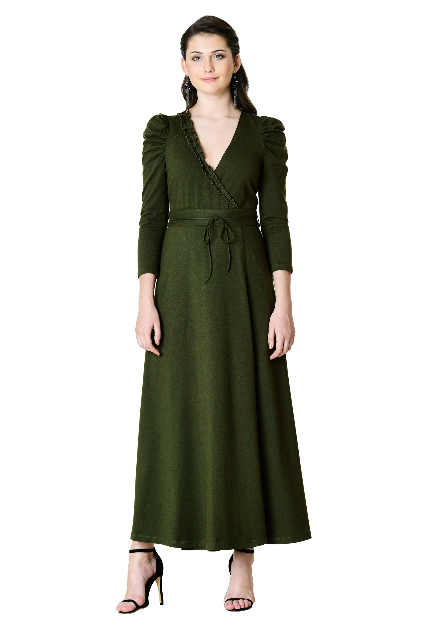 Shop Ruffle trim cotton knit wrap dress | eShakti