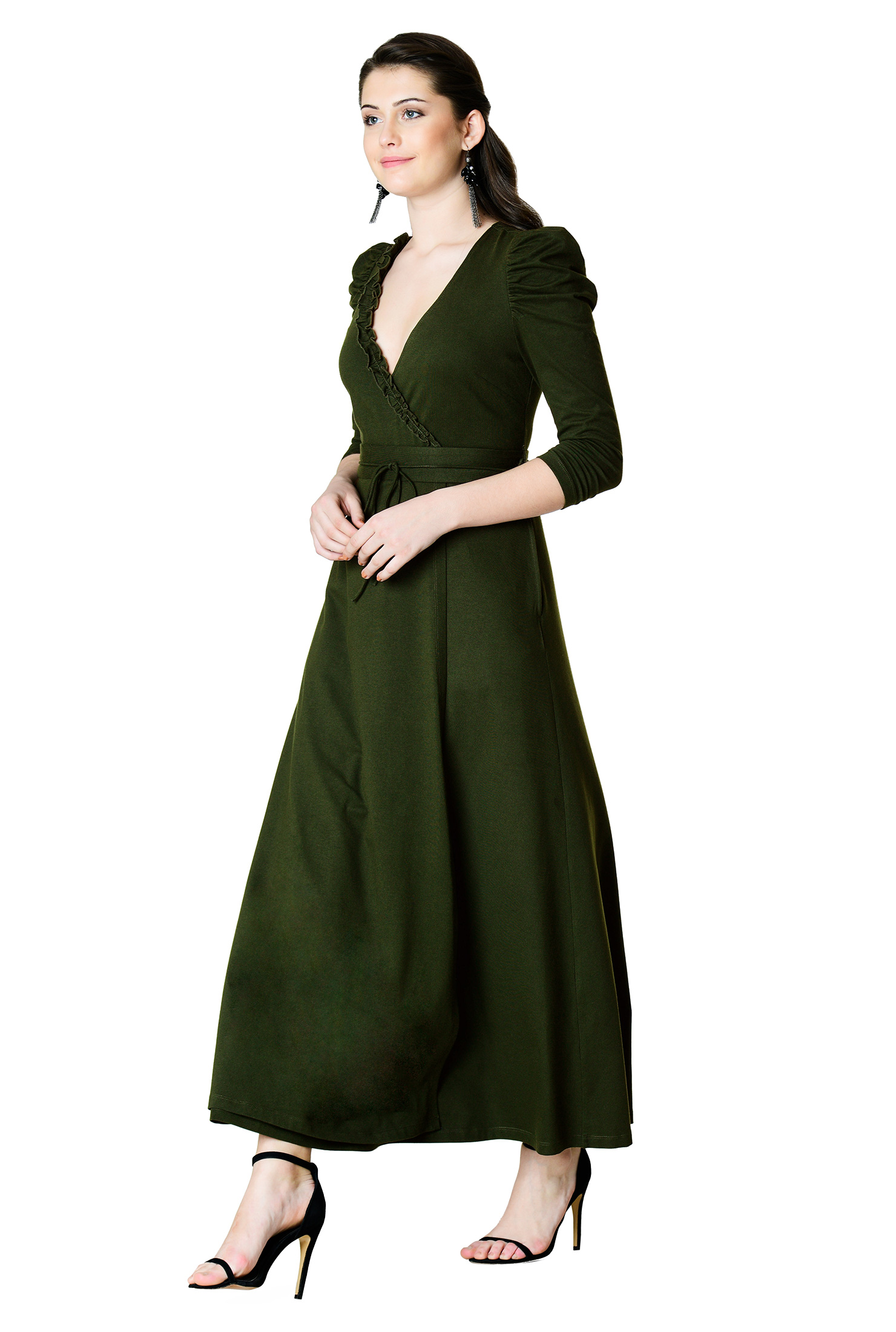 Shop Ruffle trim cotton knit wrap dress | eShakti