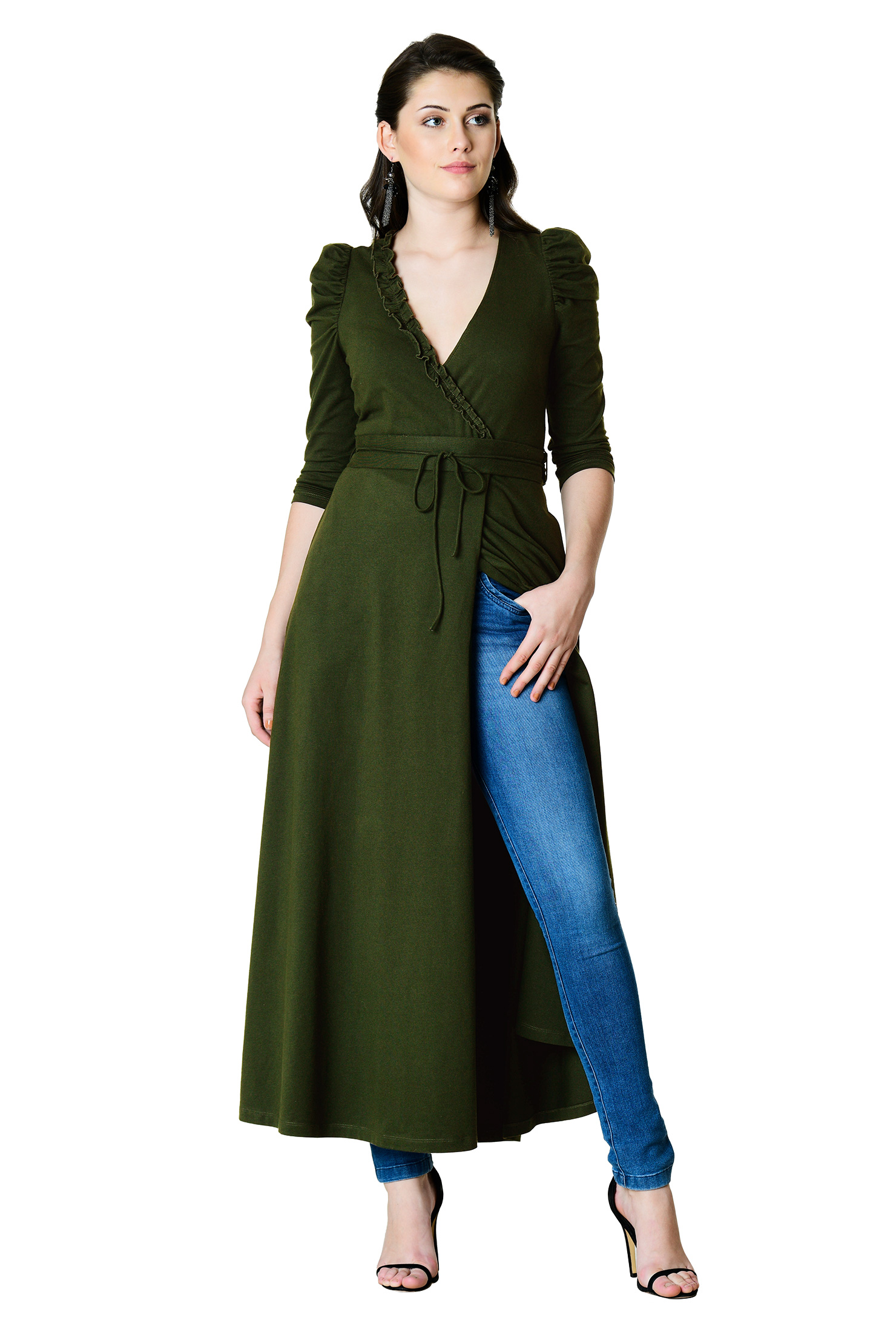 Shop Ruffle trim cotton knit wrap dress | eShakti