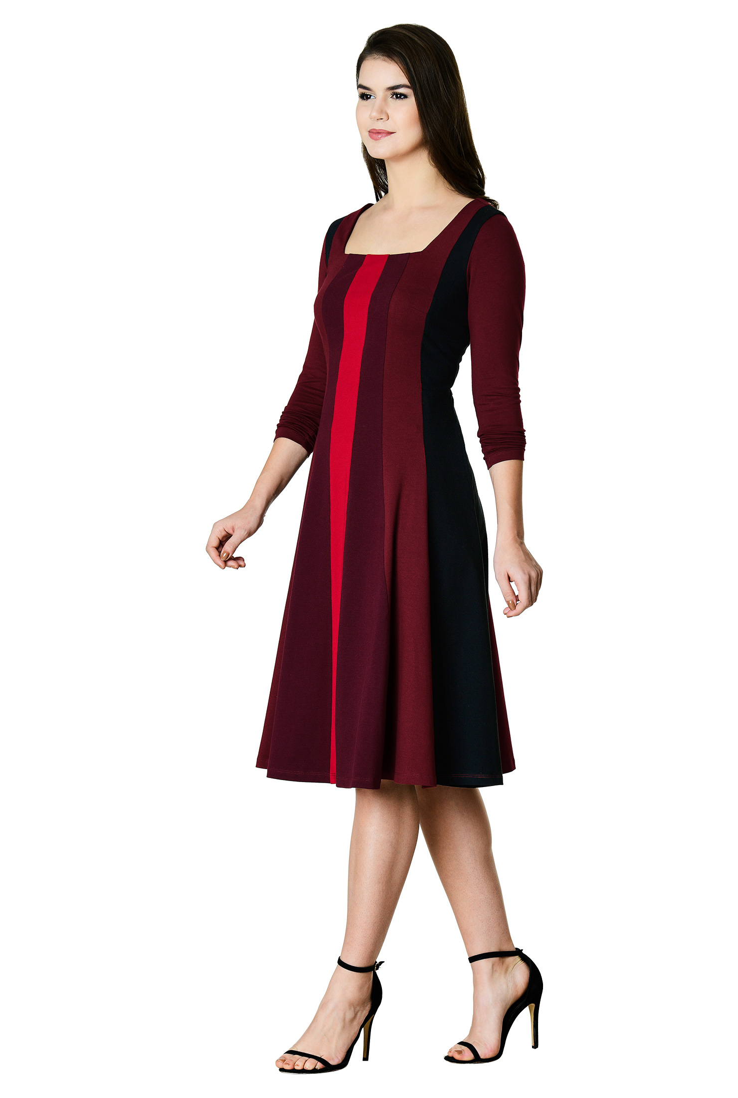Shop Linear banded stripe cotton knit A-line dress | eShakti