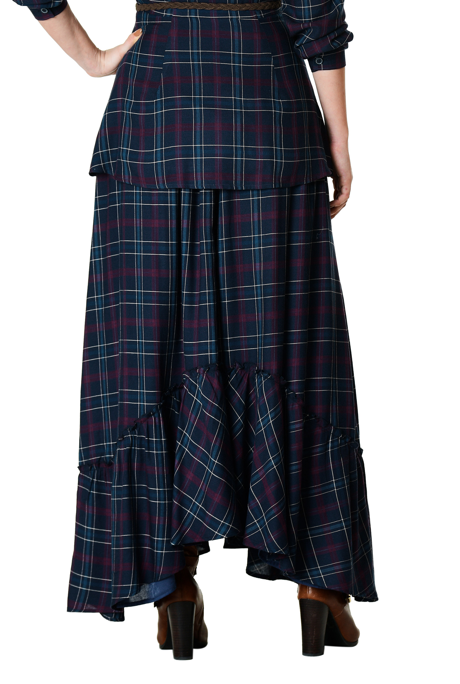 Shop Ruffle high-low hem cotton check maxi skirt | eShakti
