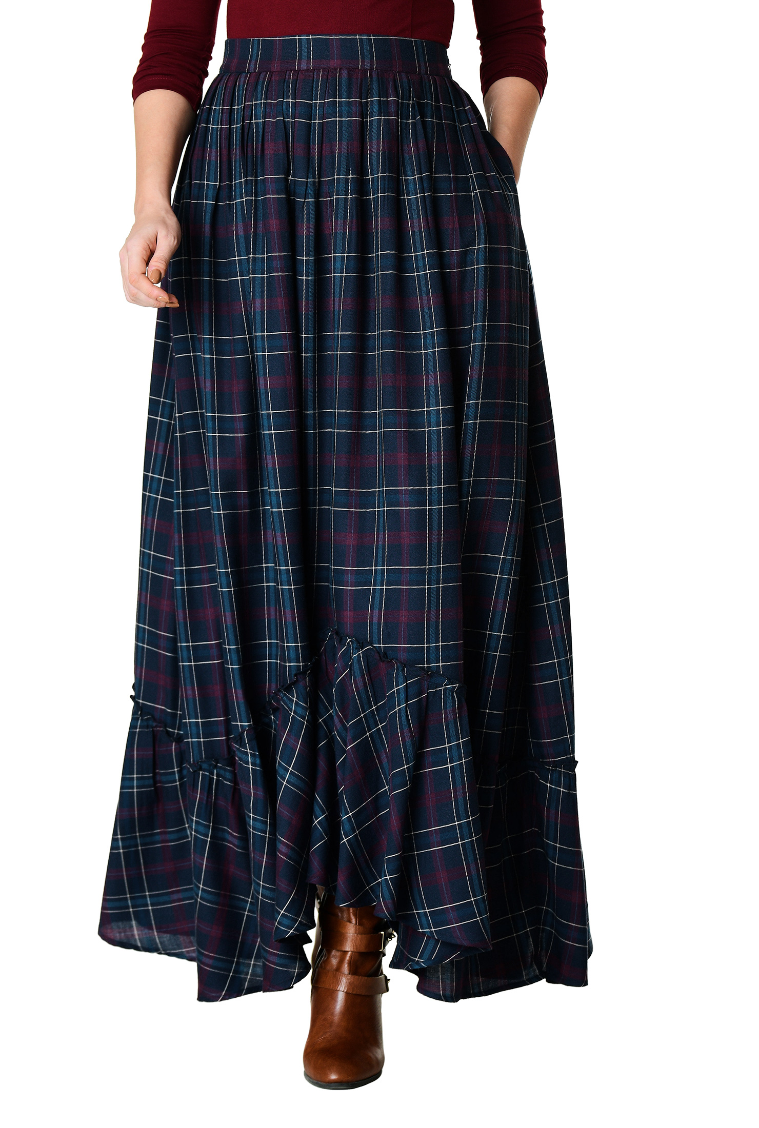 Shop Ruffle high-low hem cotton check maxi skirt | eShakti
