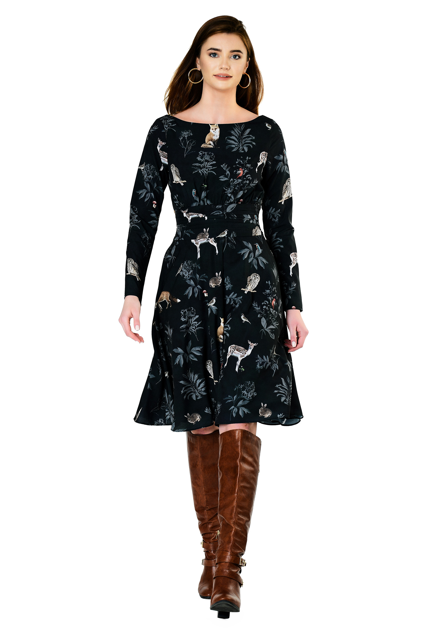 Shop Woodland flora and fauna print crepe pleat waist dress | eShakti