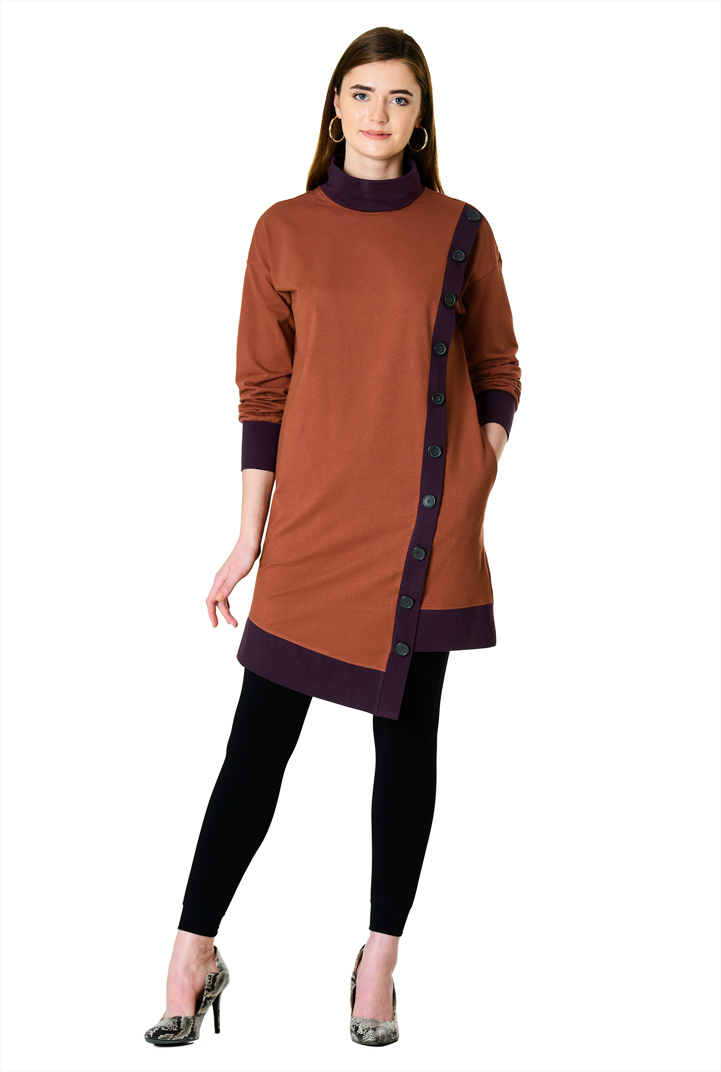 Shop Contrast trim cotton knit asymmetric button tunic | eShakti