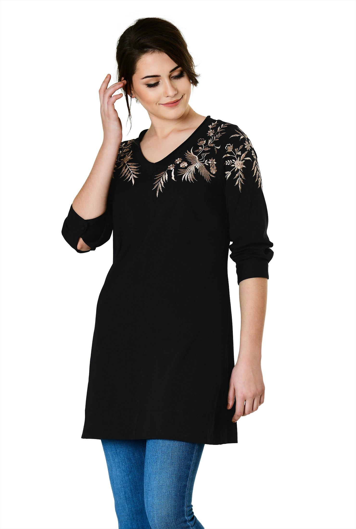 Shop Bird embellished cotton knit tunic | eShakti