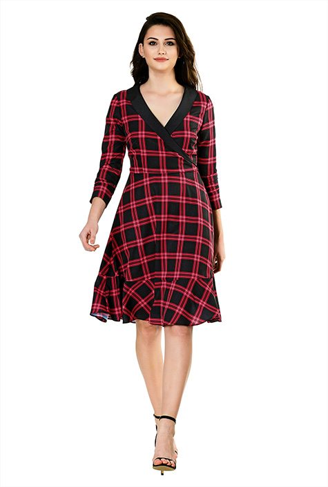 Shop Plaid print crepe contrast shawl collar surplice dress | eShakti