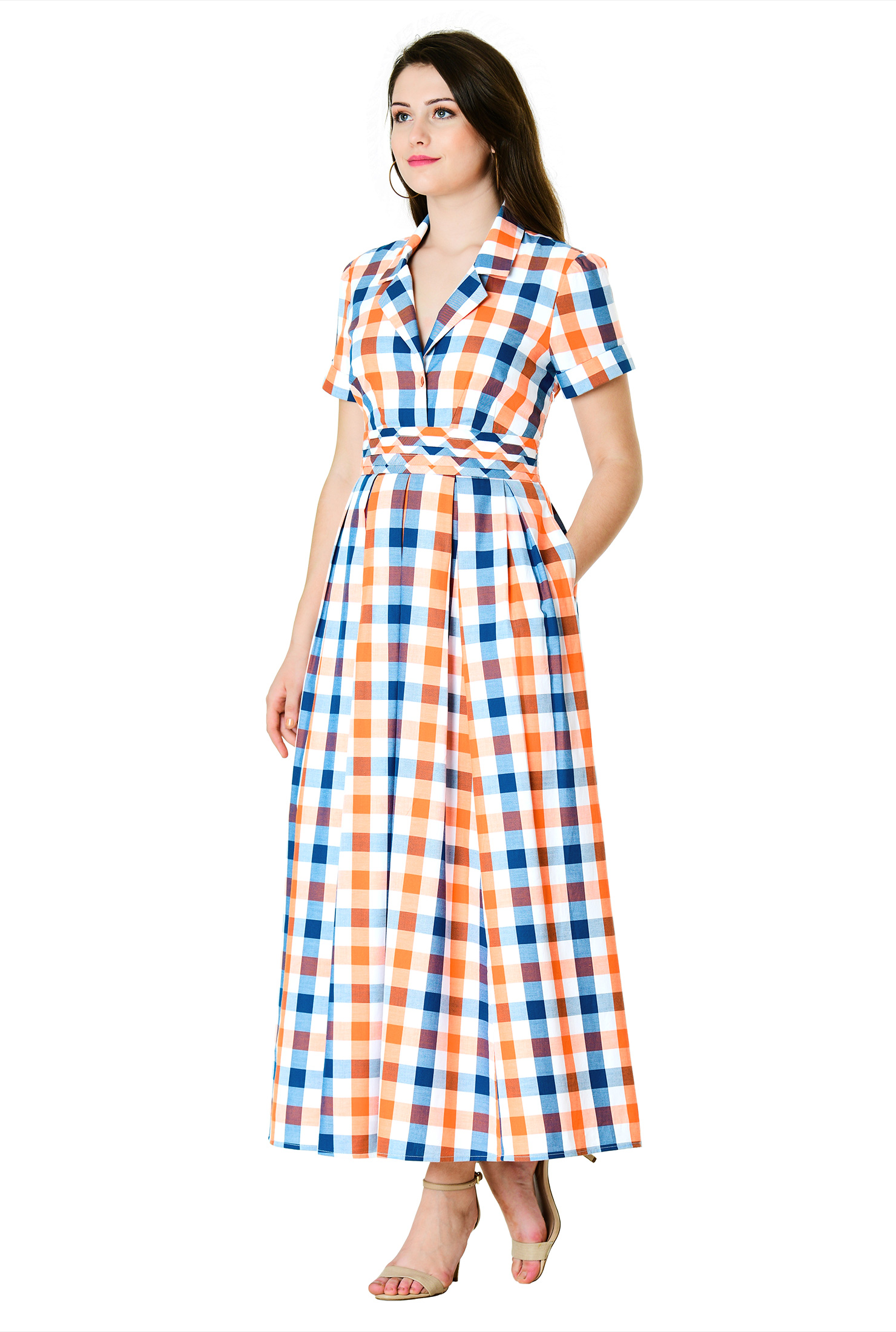 Shop Cotton check notch collar maxi dress | eShakti