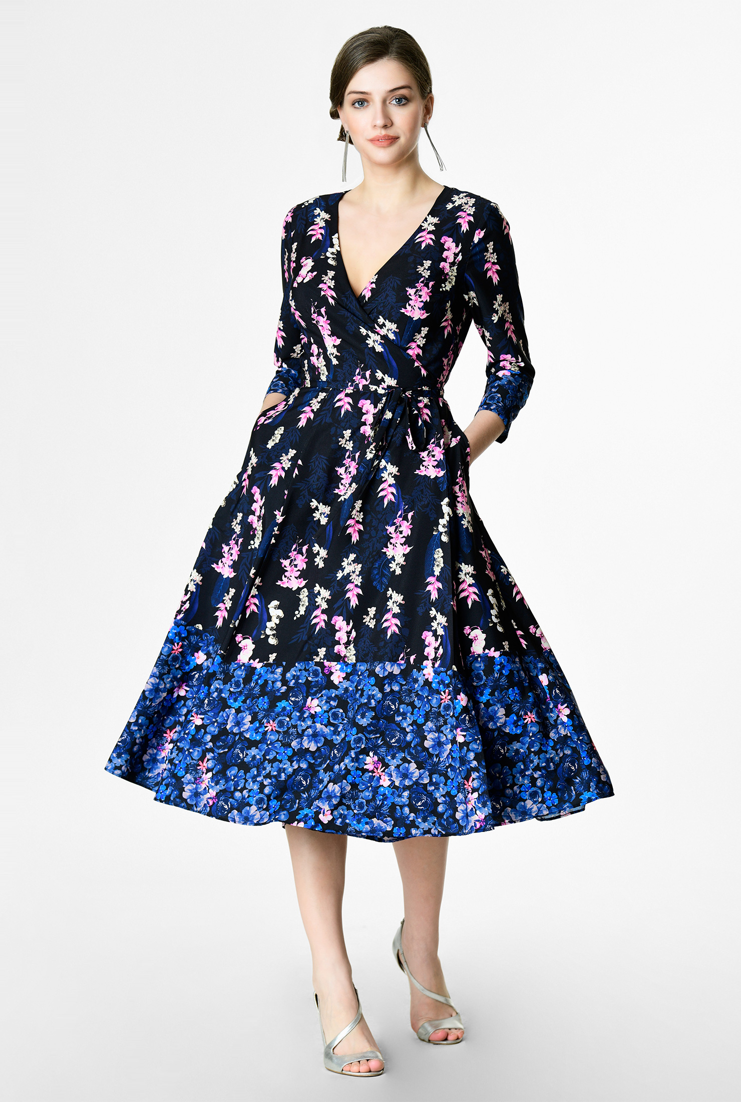 Shop Floral print mix crepe wrap dress | eShakti