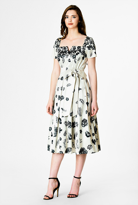 Shop Floral print dupioni sash tie dress | eShakti