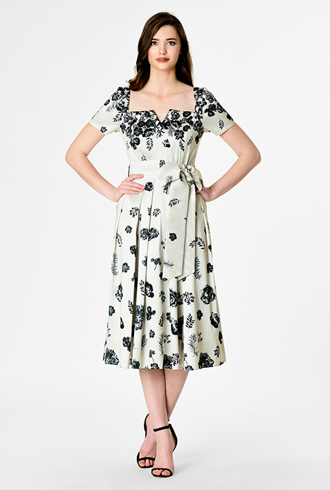 Shop Floral print dupioni sash tie dress | eShakti