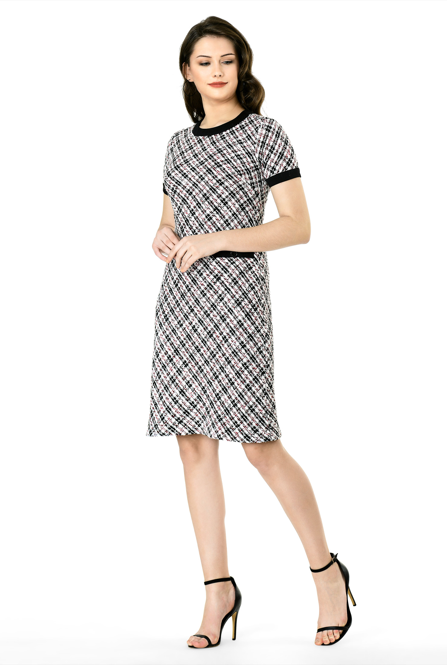 Shop Check boucle tweed contrast trim shift dress | eShakti