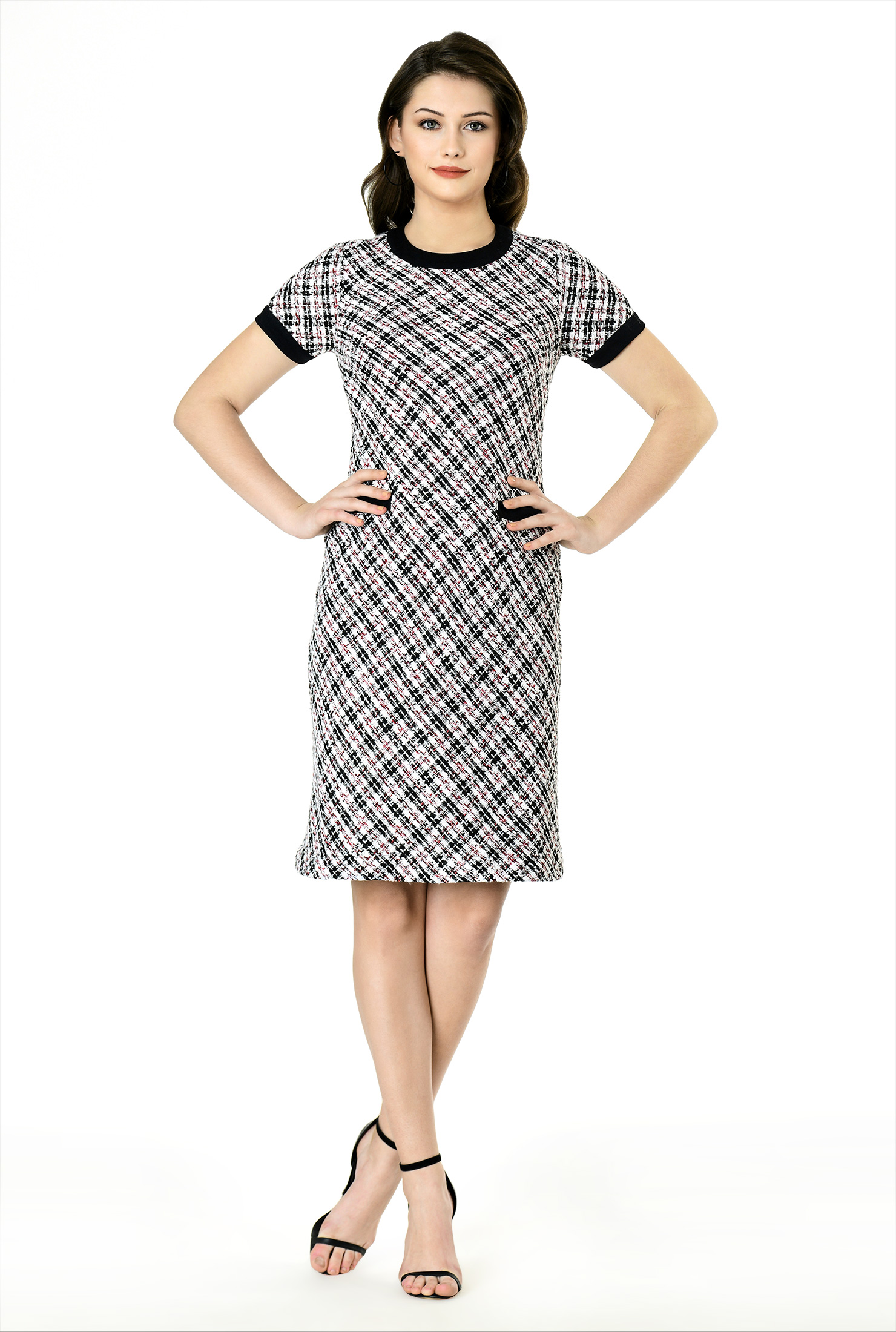 Shop Check boucle tweed contrast trim shift dress | eShakti