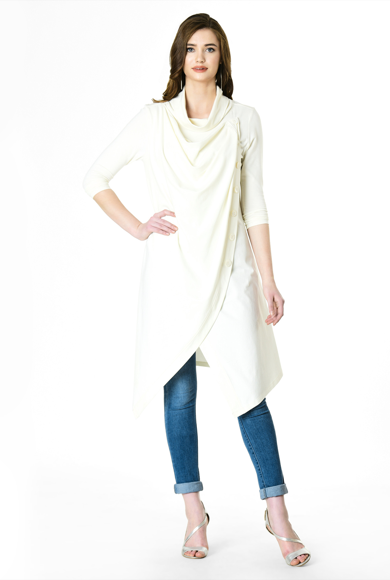 Shop Cowl neck cotton knit asymmetric wrap tunic | eShakti