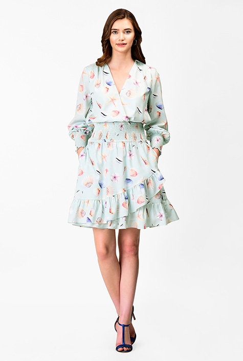 Shop Ruffle shell print crepe faux wrap dress | eShakti