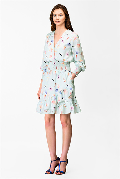 Shop Ruffle shell print crepe faux wrap dress | eShakti
