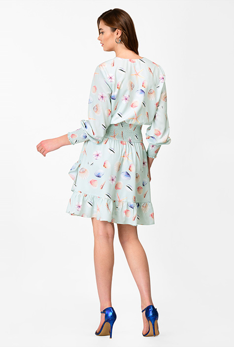 Shop Ruffle shell print crepe faux wrap dress | eShakti