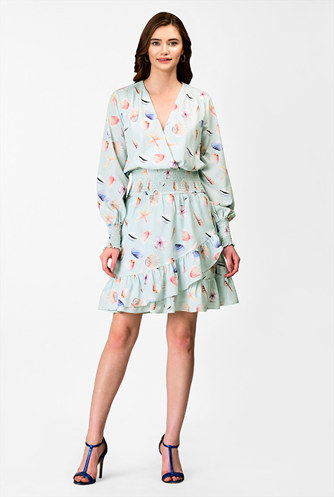 Shop Ruffle shell print crepe faux wrap dress | eShakti