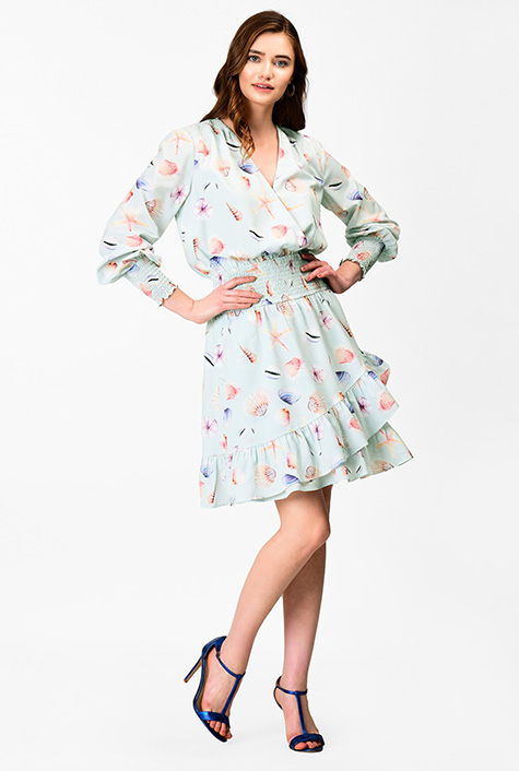 Shop Ruffle shell print crepe faux wrap dress | eShakti