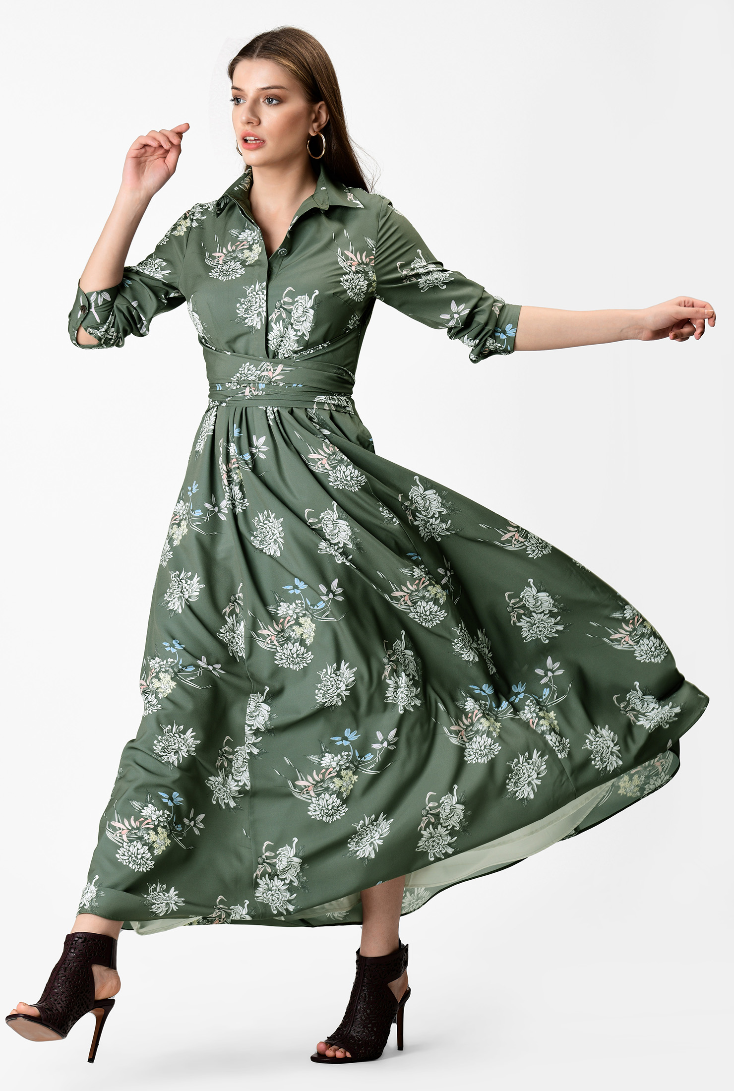 Shop Floral print cross pleat waist maxi shirtdress | eShakti