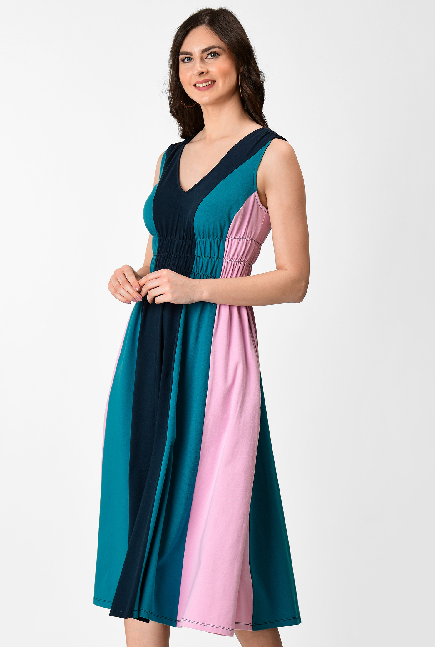 Shop Linear colorblock cotton knit elastic waist dress | eShakti