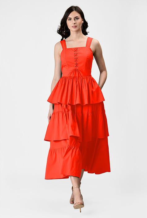 Shop Ruffle flounce tier poplin lace-up dress | eShakti