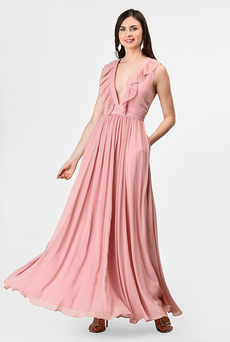 Shop Ruffle plunge chiffon maxi dress | eShakti