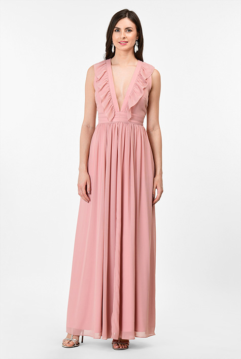 Shop Ruffle plunge chiffon maxi dress | eShakti