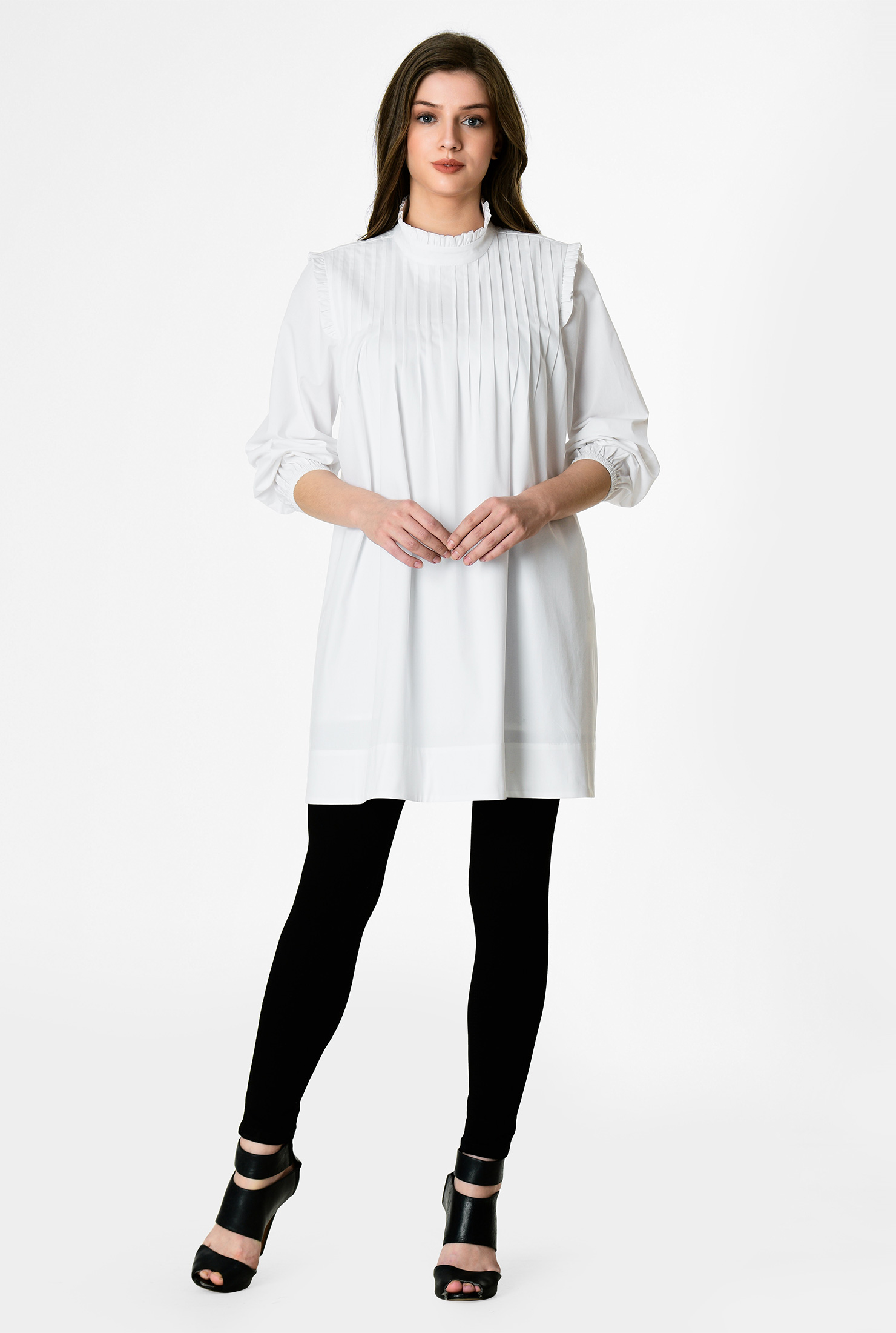 Shop Ruffle neck pintuck pleat poplin tunic | eShakti