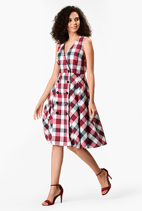 Shop Double breasted cotton check dress | eShakti