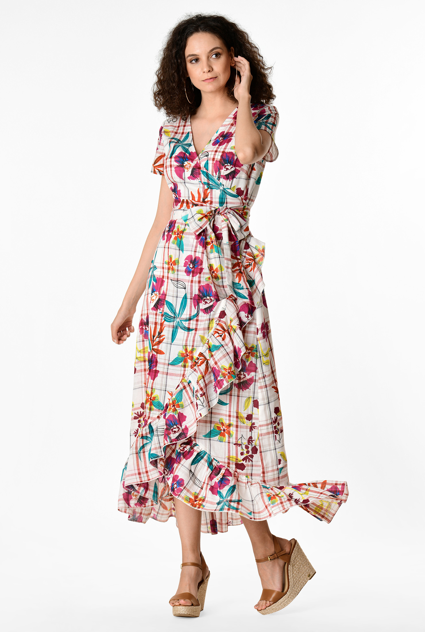 Shop Floral print cotton check ruffle wrap dress | eShakti