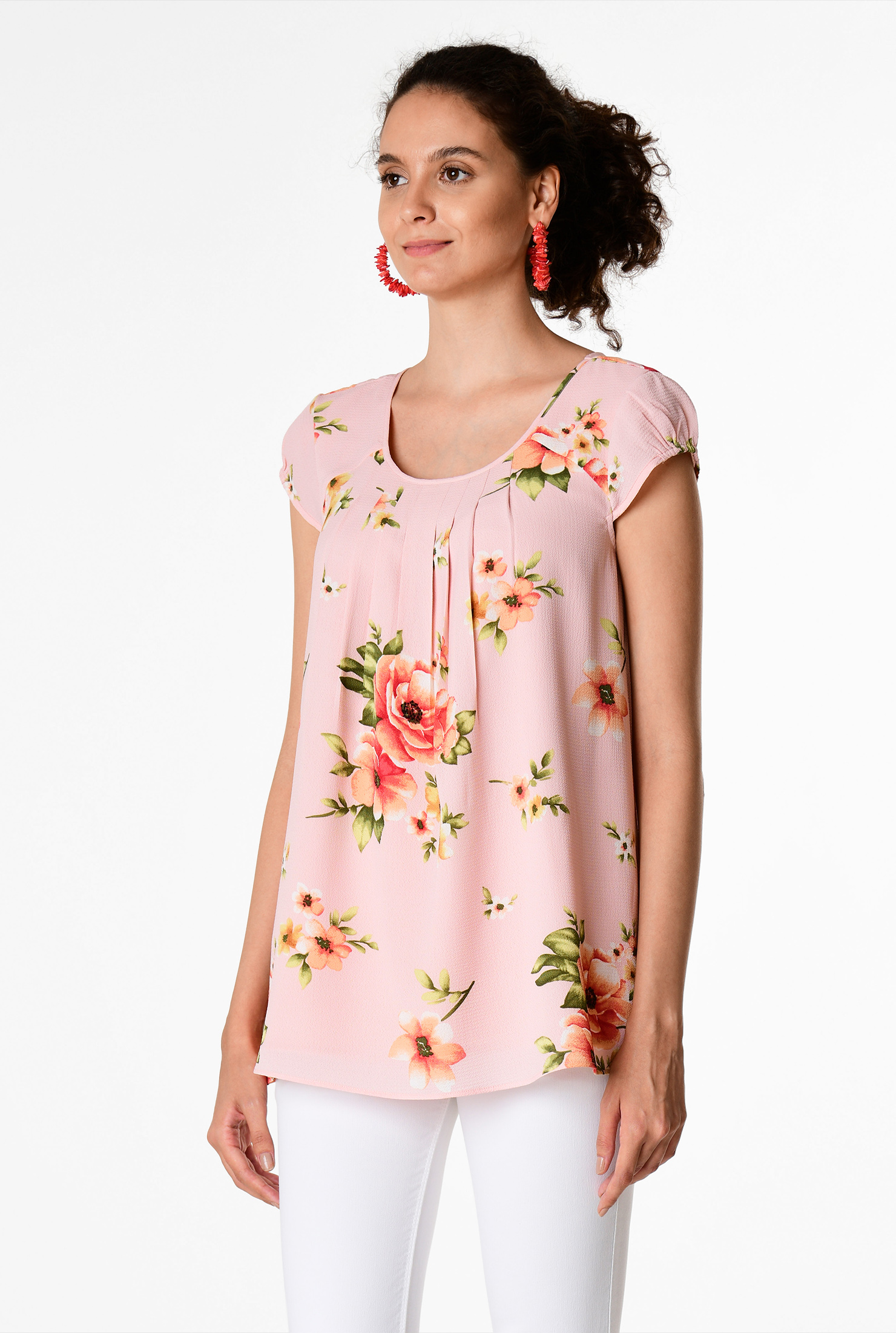 Shop Floral print bubble crepe pleat front top | eShakti
