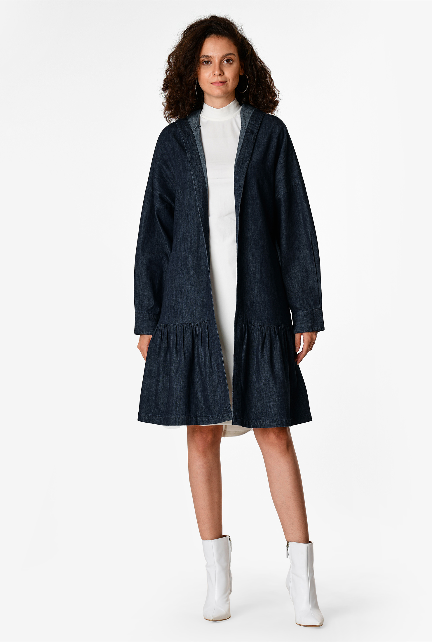 Shop Ruffle hem denim hoodie jacket | eShakti