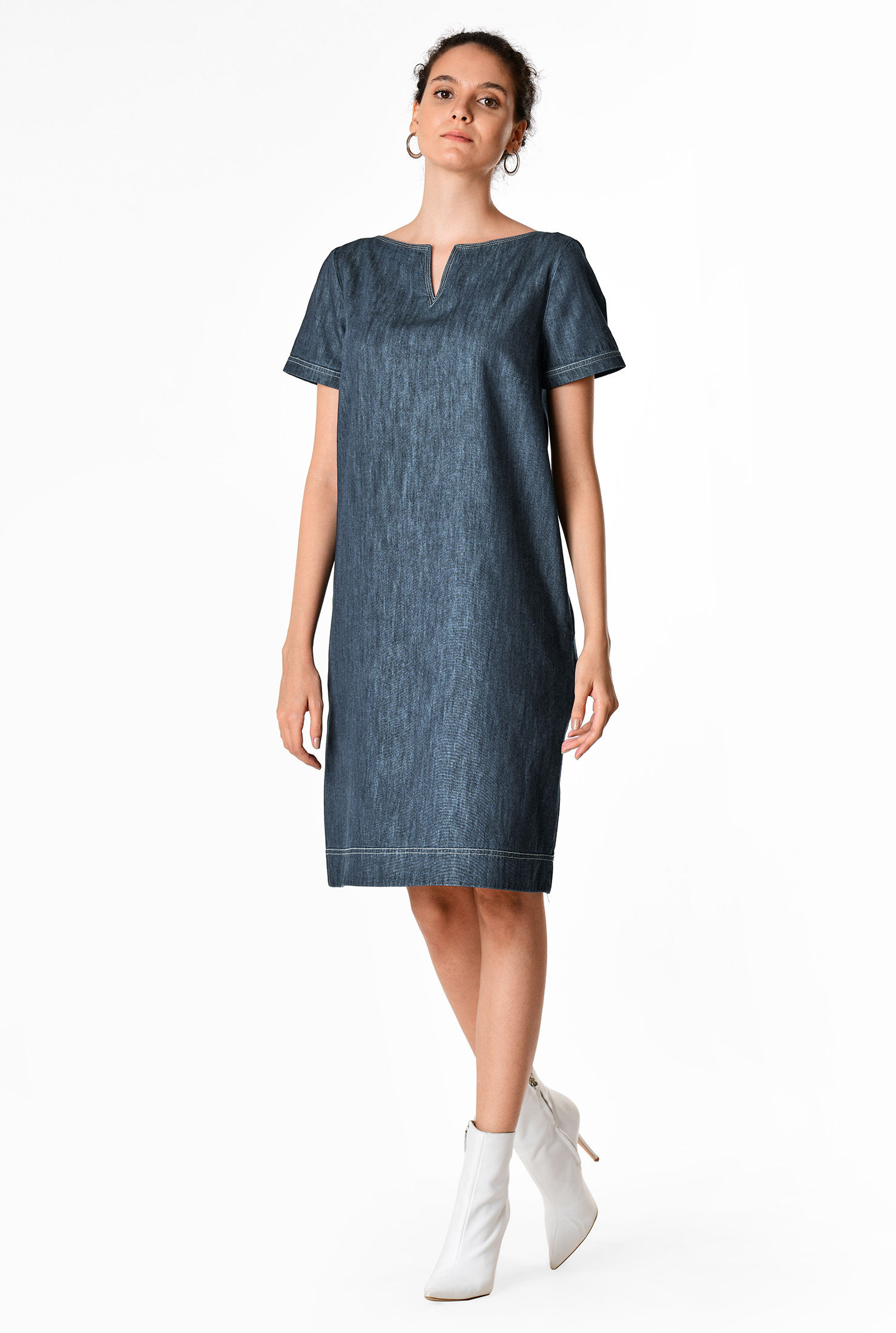 Shop Deep indigo cotton denim shift dress | eShakti