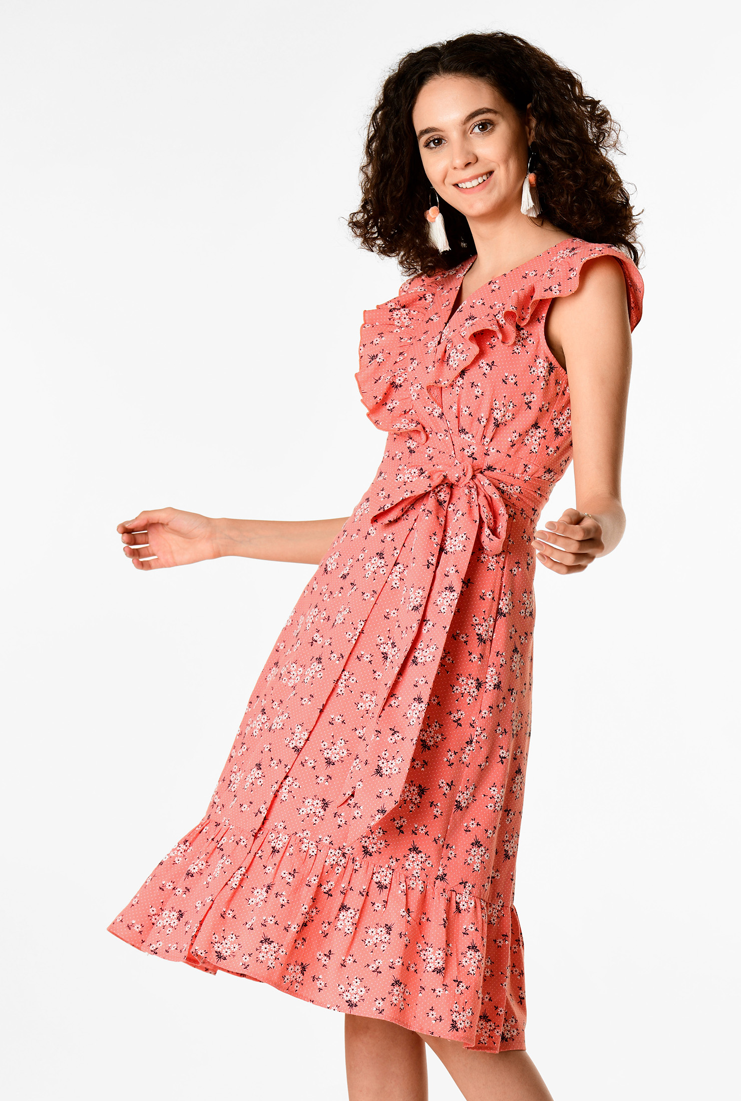 Shop Ruffle floral print cotton wrap dress | eShakti