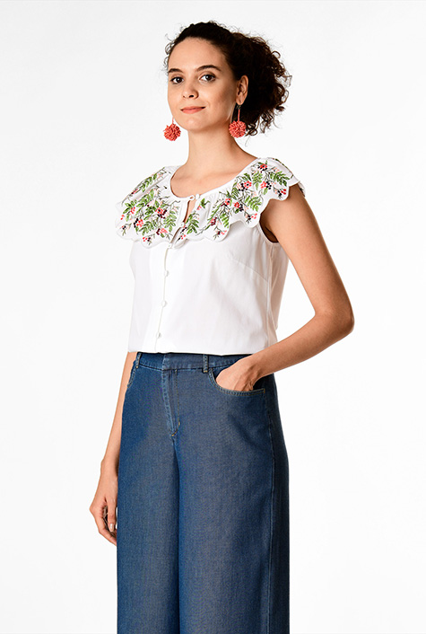 Shop Embellished ruffle cotton poplin blouse | eShakti