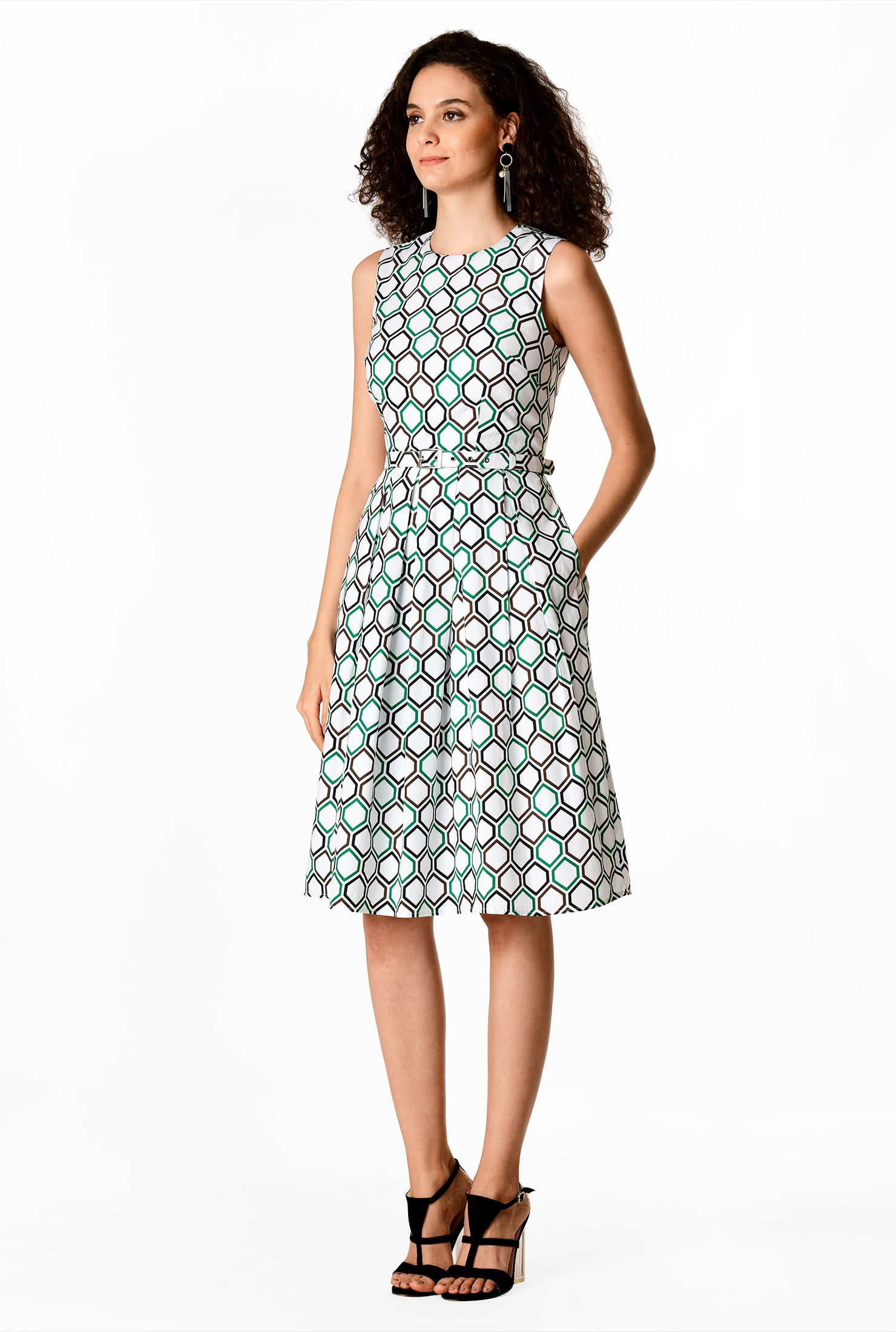 Shop Geo print cotton poplin belted dress | eShakti