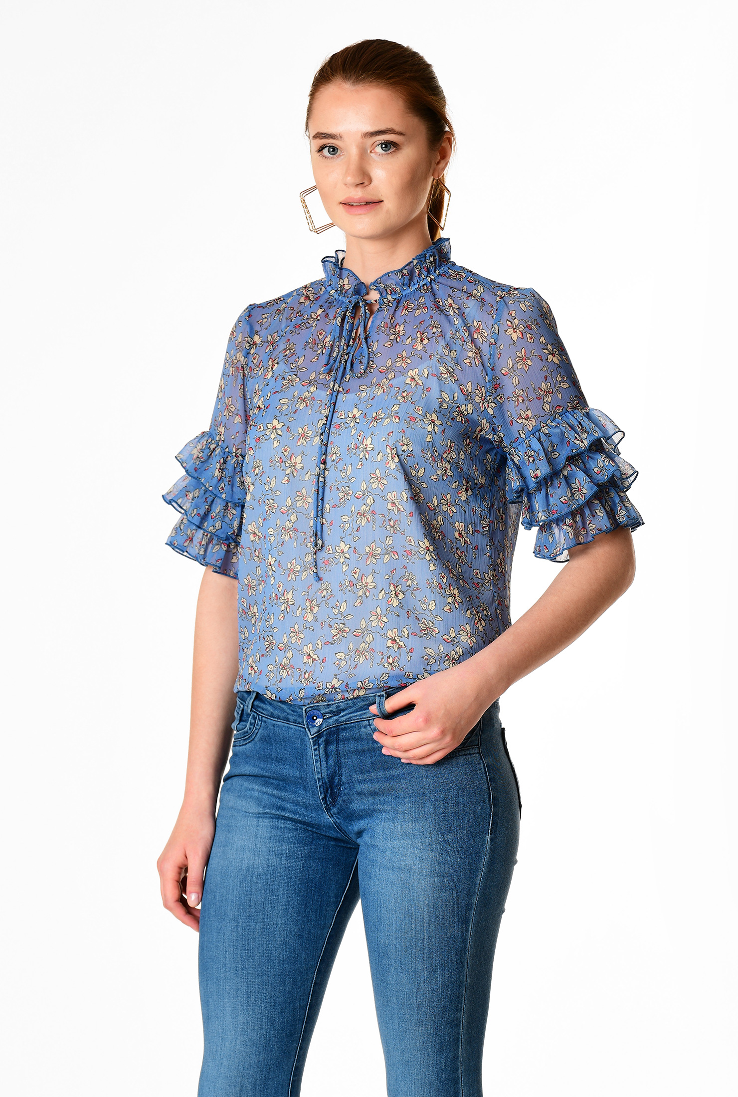 Shop Ruffle trim floral print chiffon tunic | eShakti