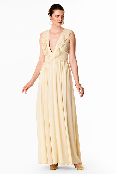 Shop Ruffle plunge chiffon maxi dress | eShakti