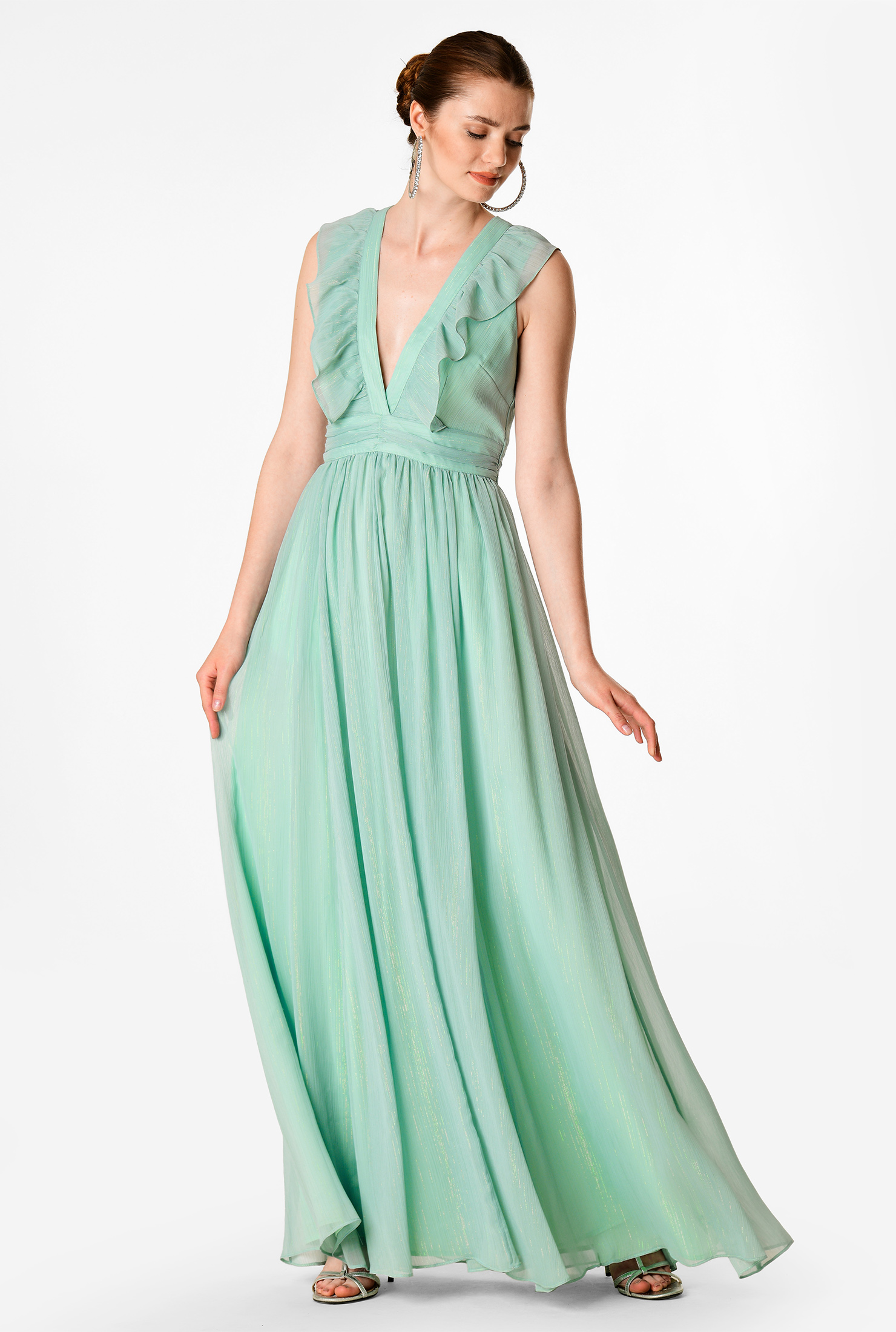 Shop Ruffle plunge chiffon maxi dress | eShakti