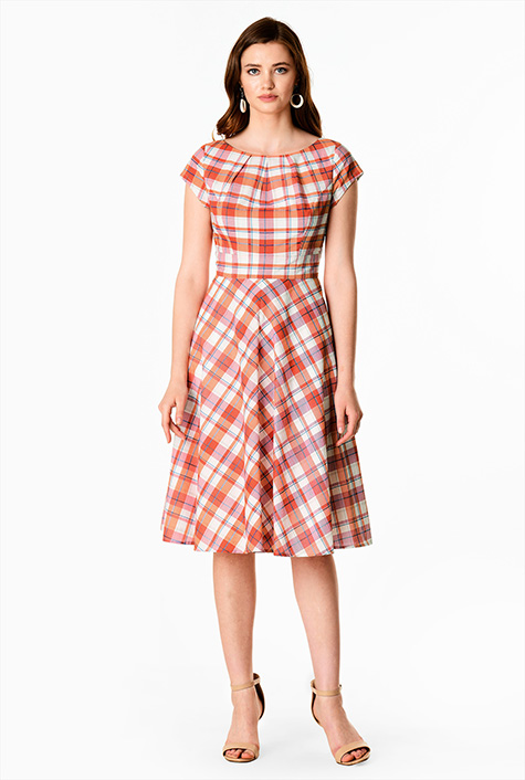 Shop Pleat neck check print cotton dress | eShakti