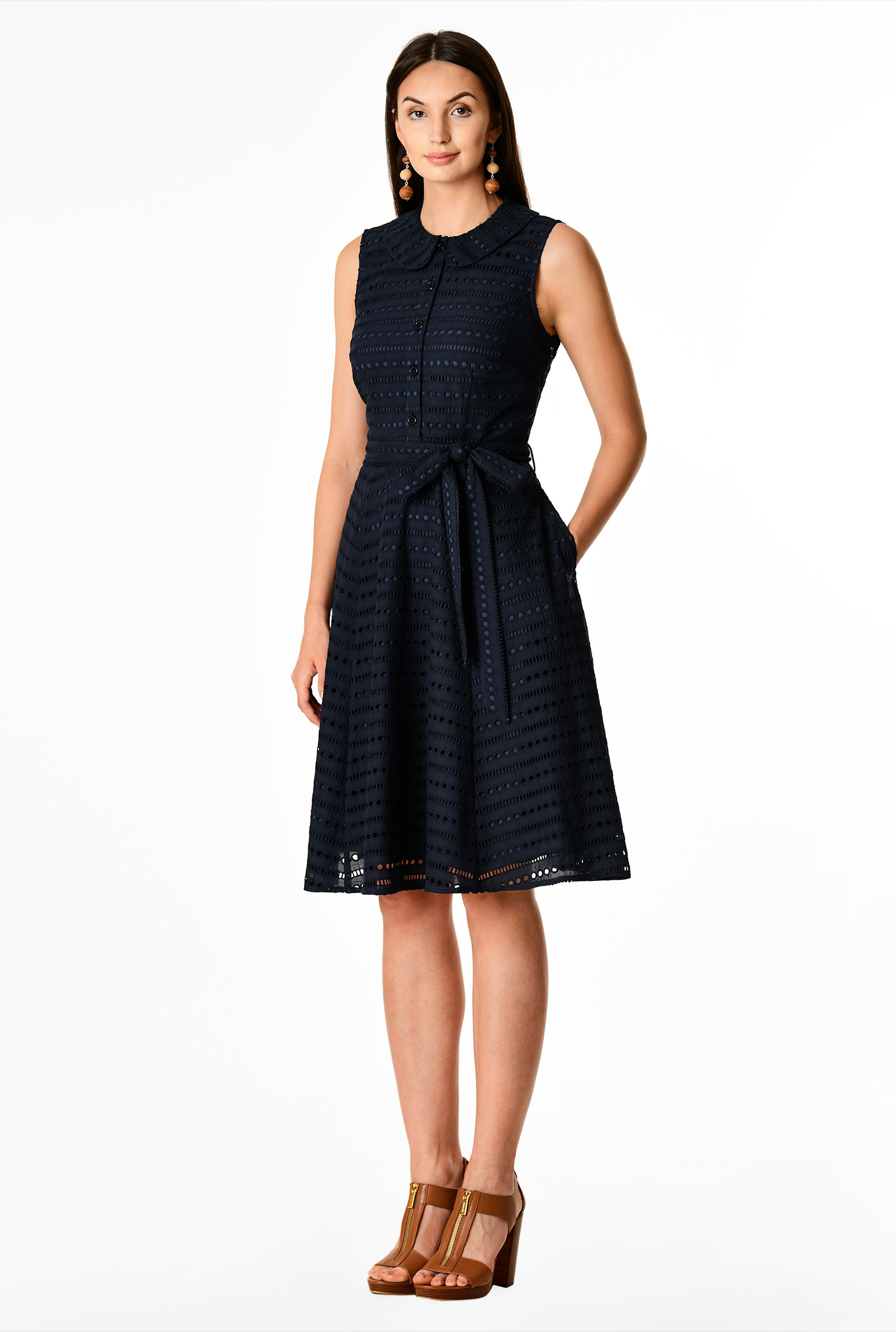 Shop Peter Pan collar cotton eyelet belted dress | eShakti